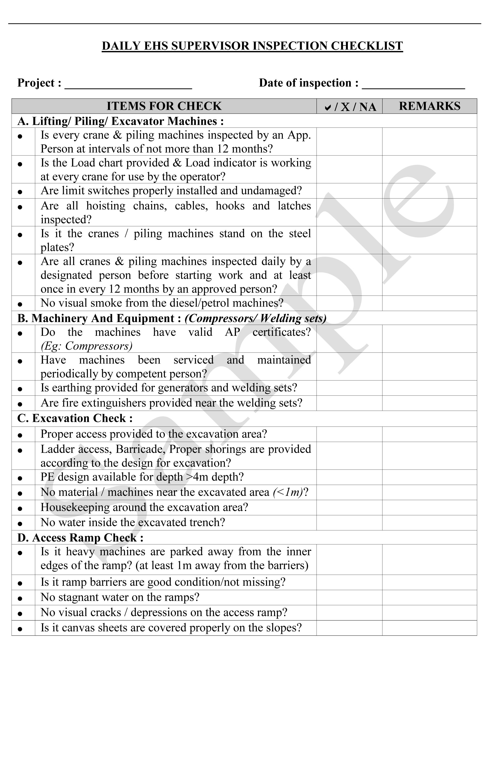Daily Inspection check list