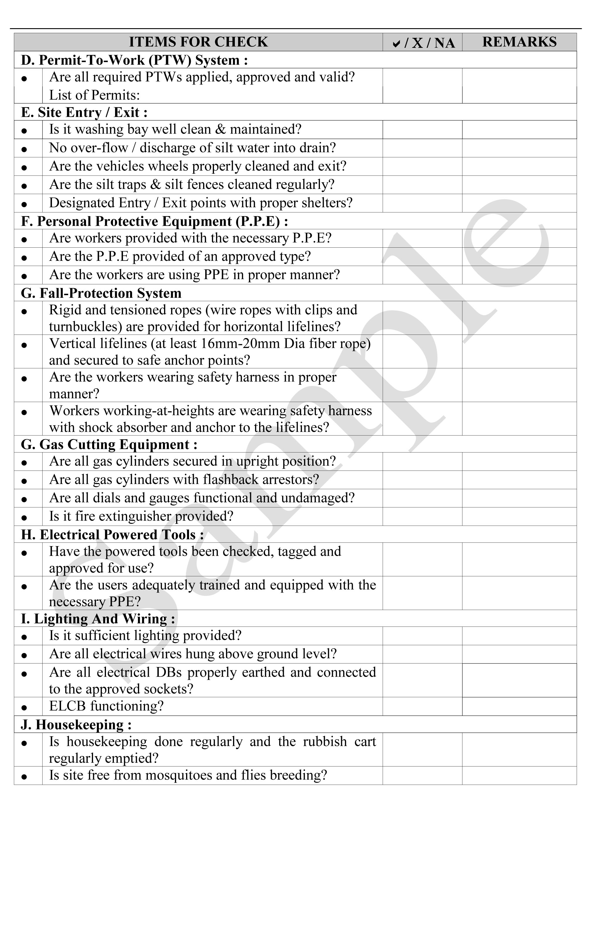 Daily Inspection check list
